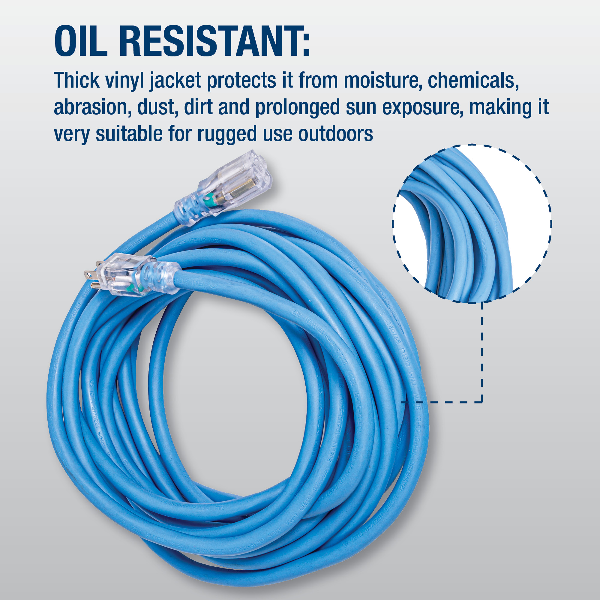 Extension Cord, 25ft, SJEOW, All Weather, 12/3, Blue, Lighted End