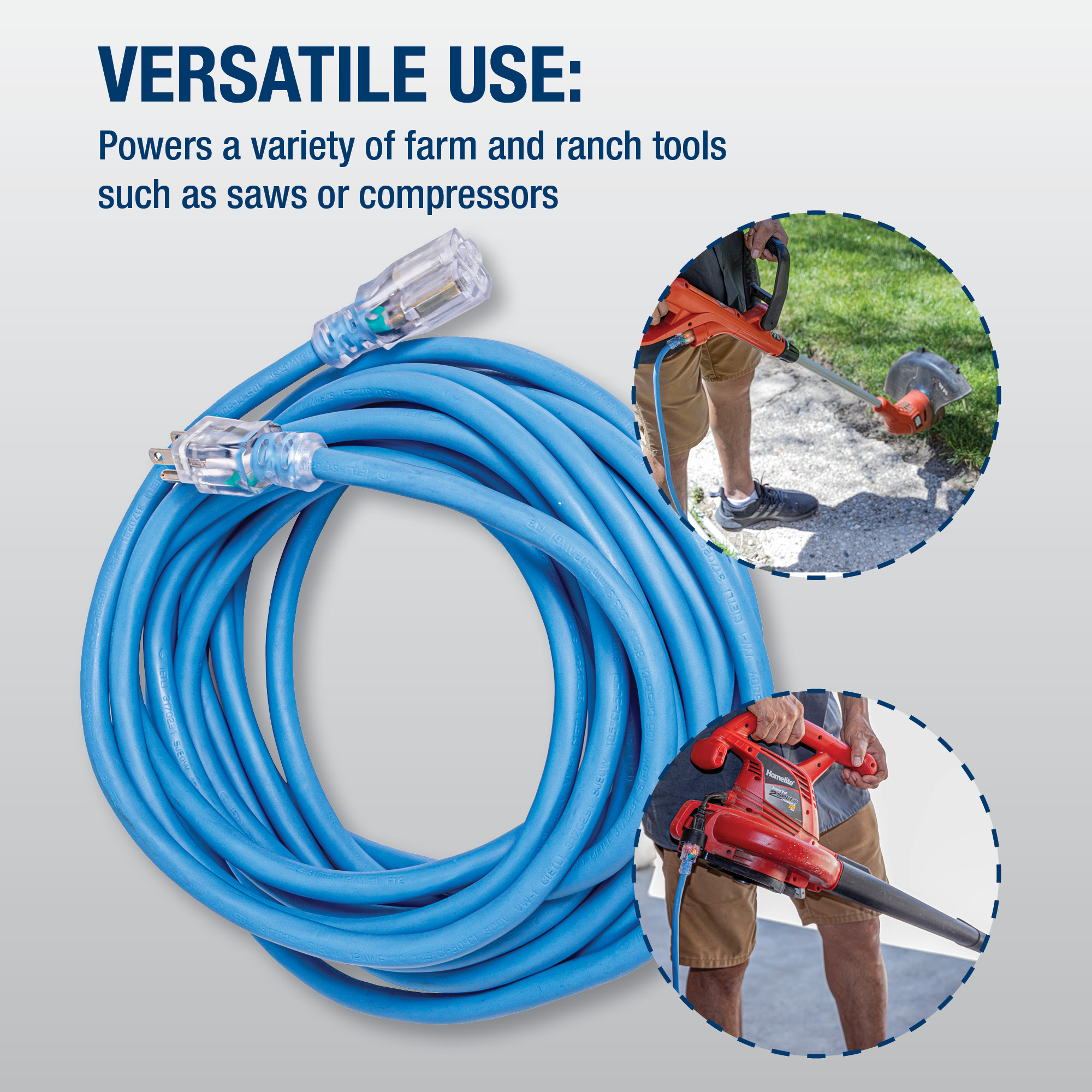 Extension Cord, 25ft, SJEOW, All Weather, 12/3, Blue, Lighted End